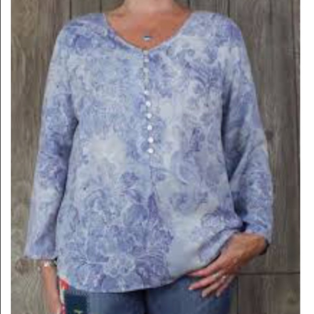 Soft Surroundings Blue Floral Button Popover Top - Gem